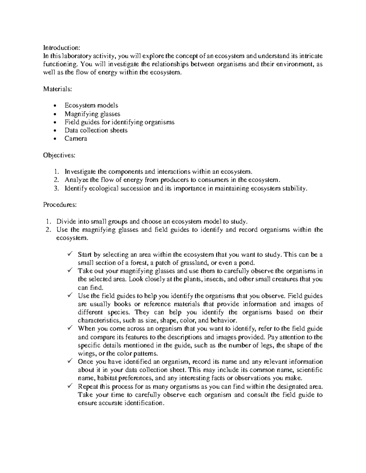 LAB EXER 1 - HANDS ON EXERCISE ON THE FOOD WEB, EXPLORING THE ECOSYSTEM ...