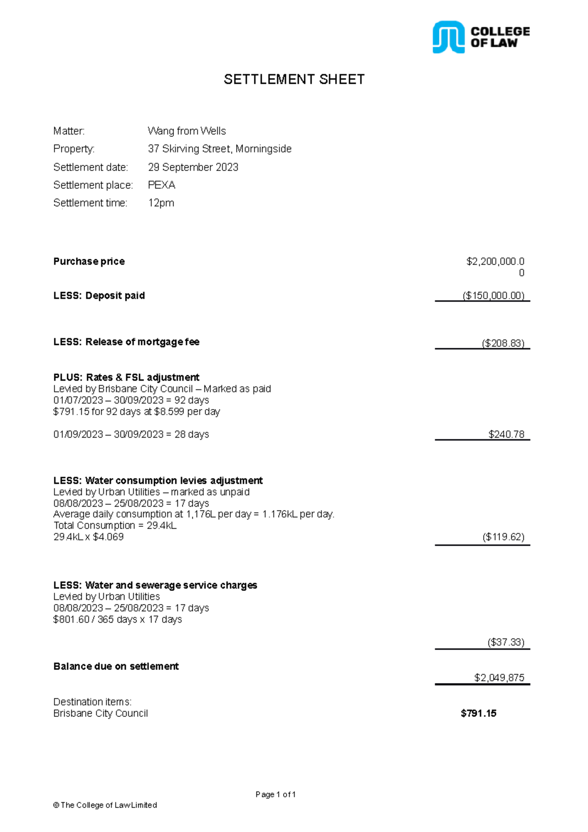 3.1 Settlement sheet - SETTLEMENT SHEET Matter: Wang from Wells ...