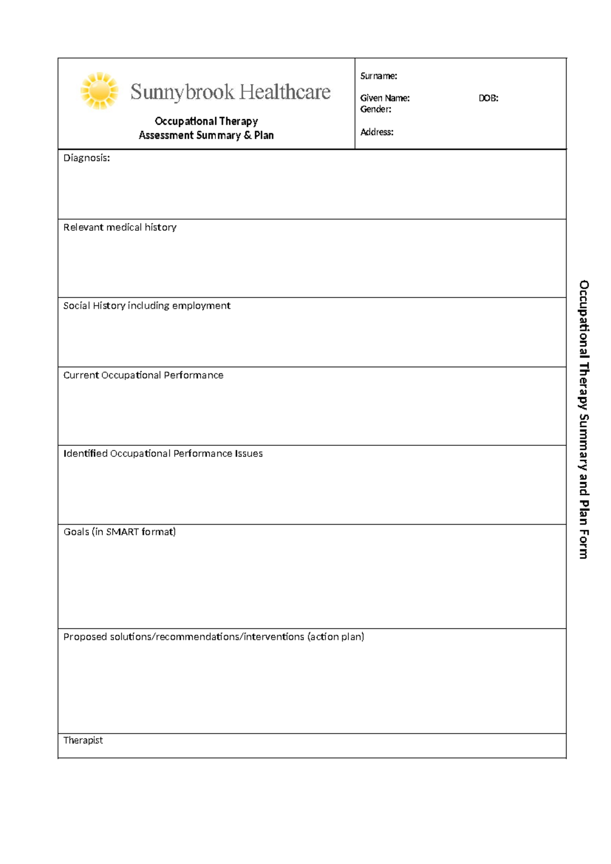 Blank OT Assessment Summary and Plan - HPS202 - Occupational Therapy ...