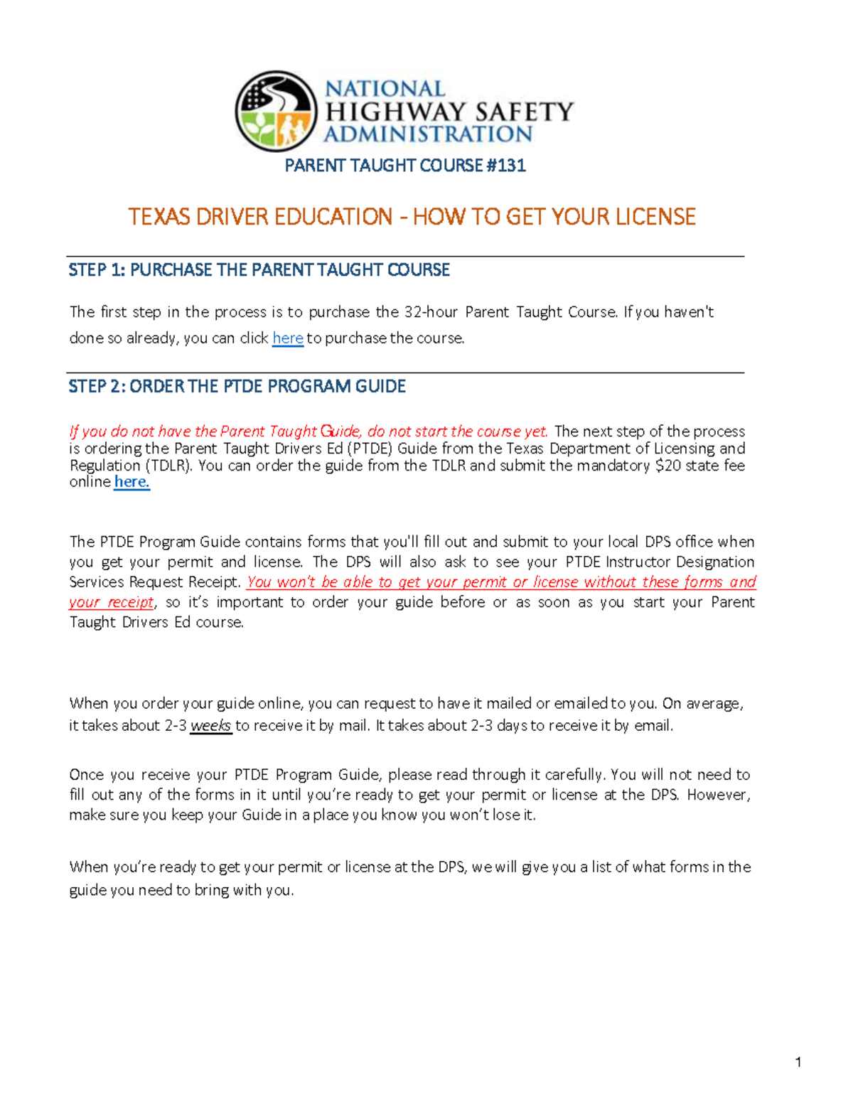 NHSA Texas Parent Taught Guide - PARENT TAUGHT COURSE TEXAS DRIVER ...