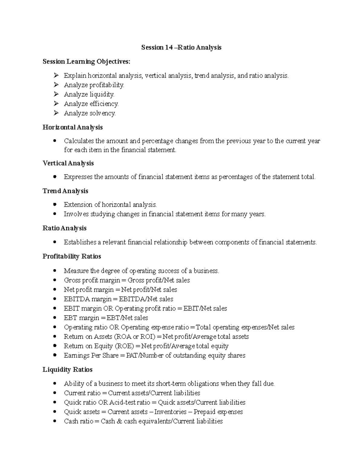 FA Session 14 Summary - mba 2 course for practice - Session 14 –Ratio ...