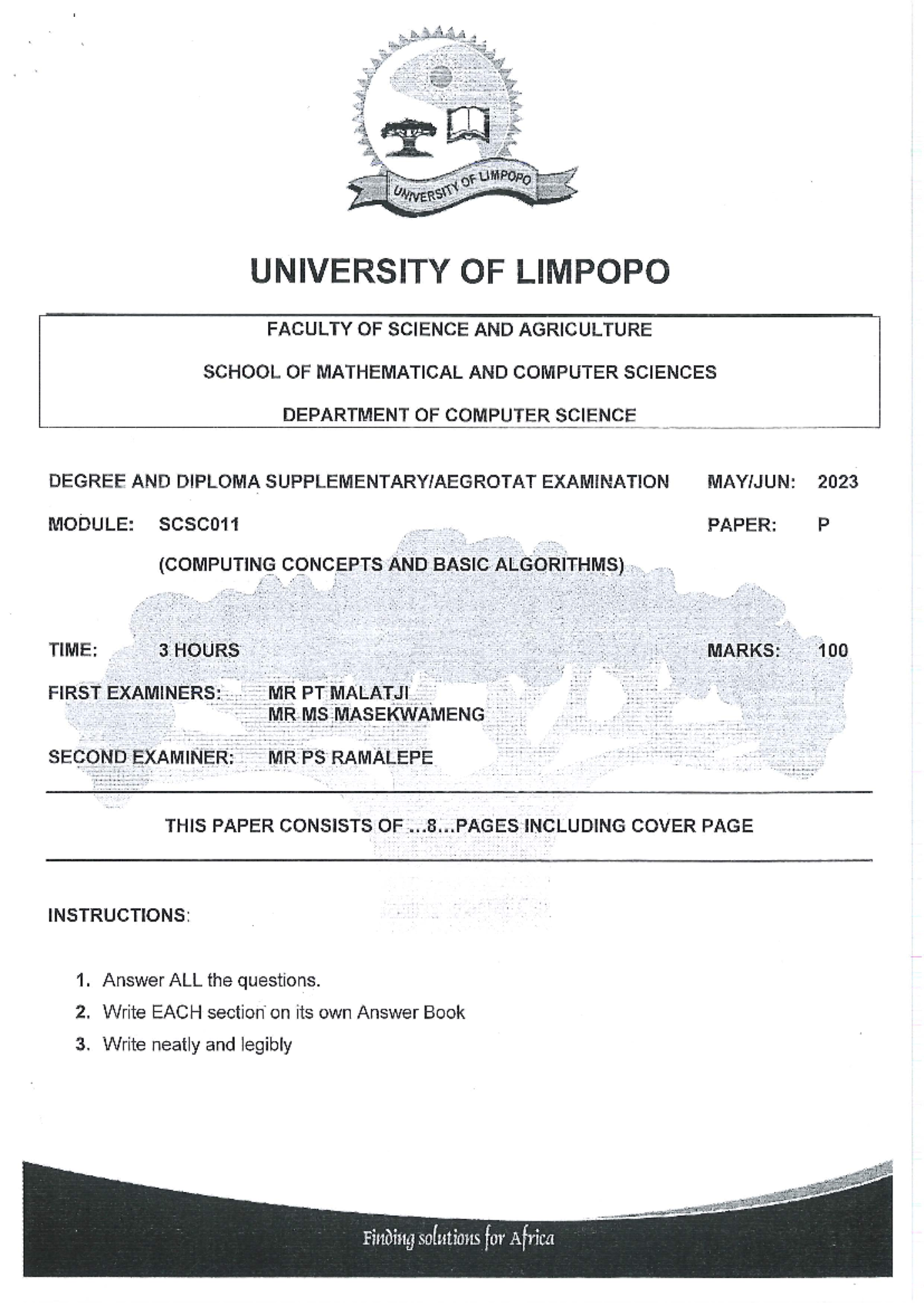 SCSC 011 SUPP MAY-JUNE 2023 - UNIVERSITY OF LIMPOPO UNIVERSITY OF LIMPOPO FACULTY OF SCIENCE AND ...
