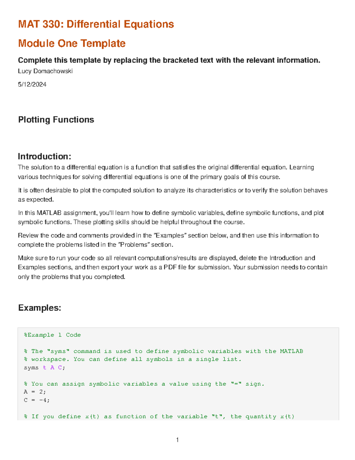 MAT330 Module One Template - MAT 330: Differential Equations Module One ...