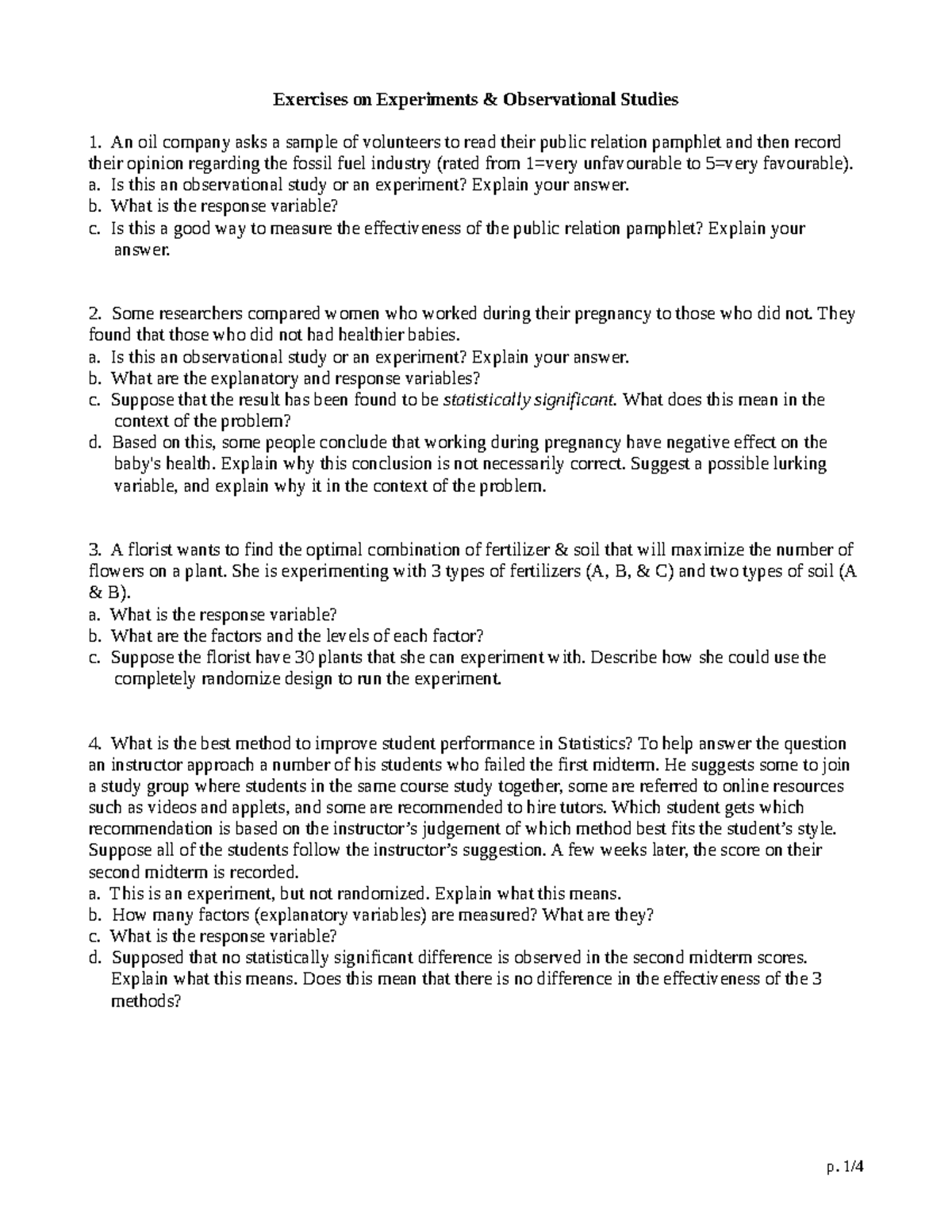 Observation Experiment Exercises 2017 20 - Exercises on Experiments & Observational Studies An ...