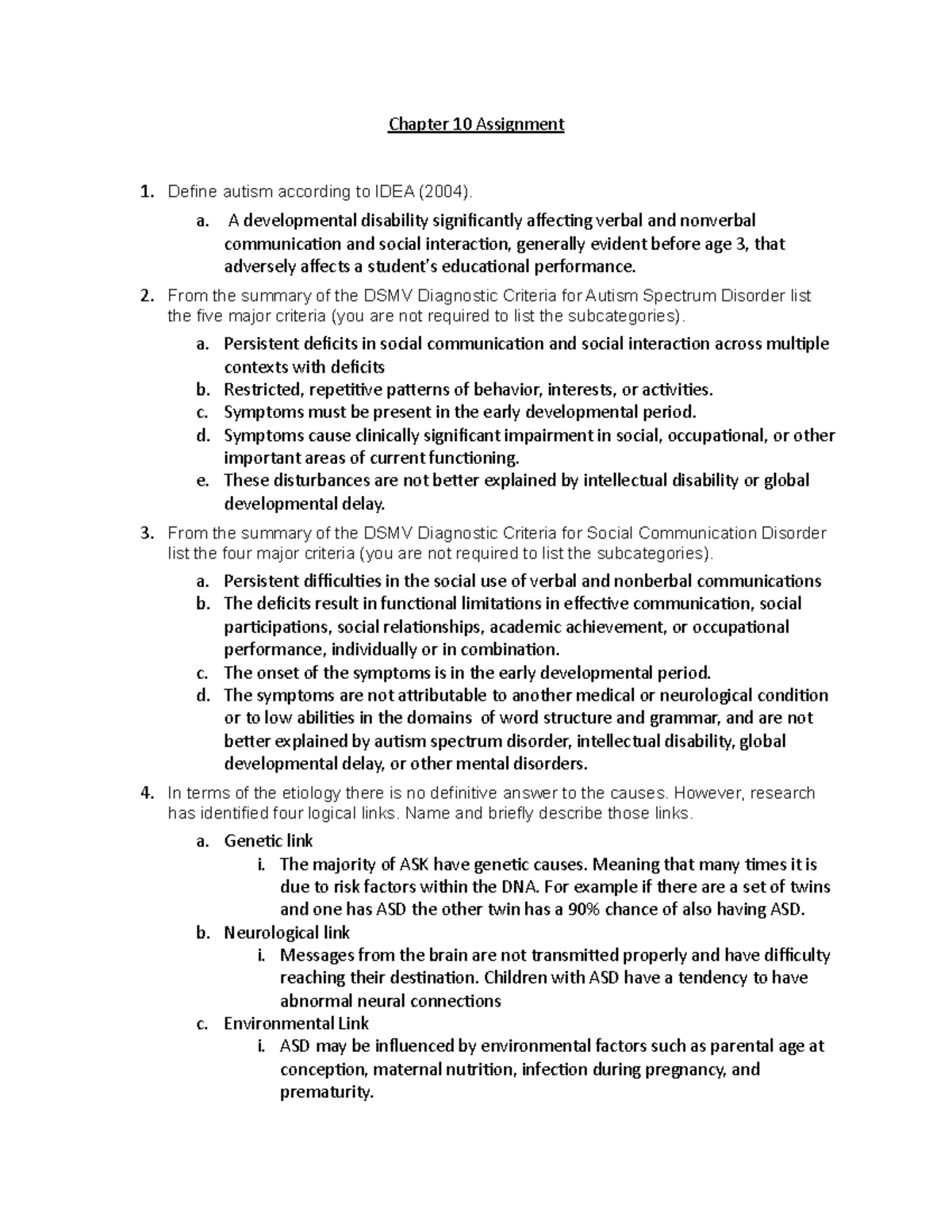 Chapter 10 Assignment Special Pops - Chapter 10 Assignment Define autism according to IDEA (2004 ...