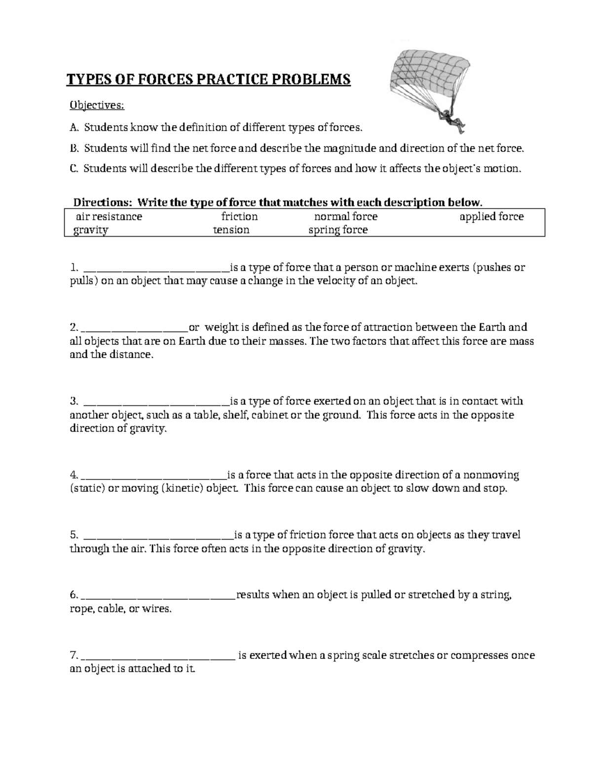 Typesof Forces Gravity Friction Applied Normal Force Worksheet-1 ...