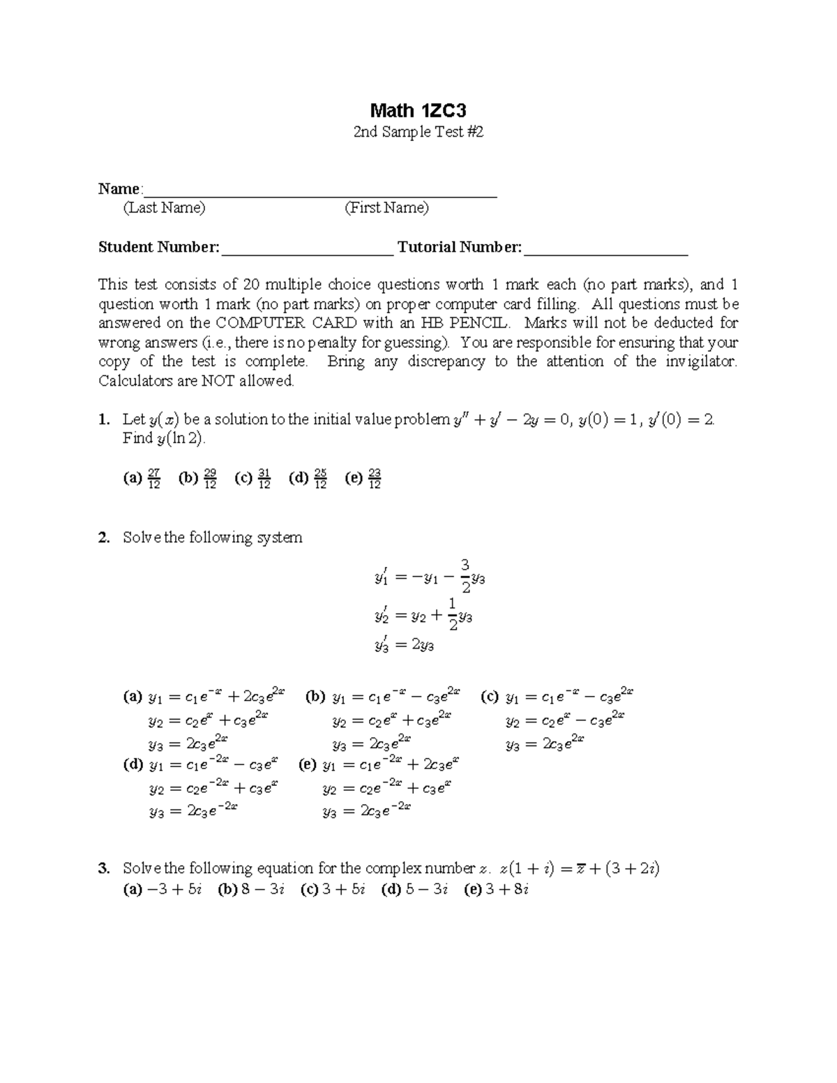 Sample test 2 mcmaster - Math 1ZC 2nd Sample Test Name