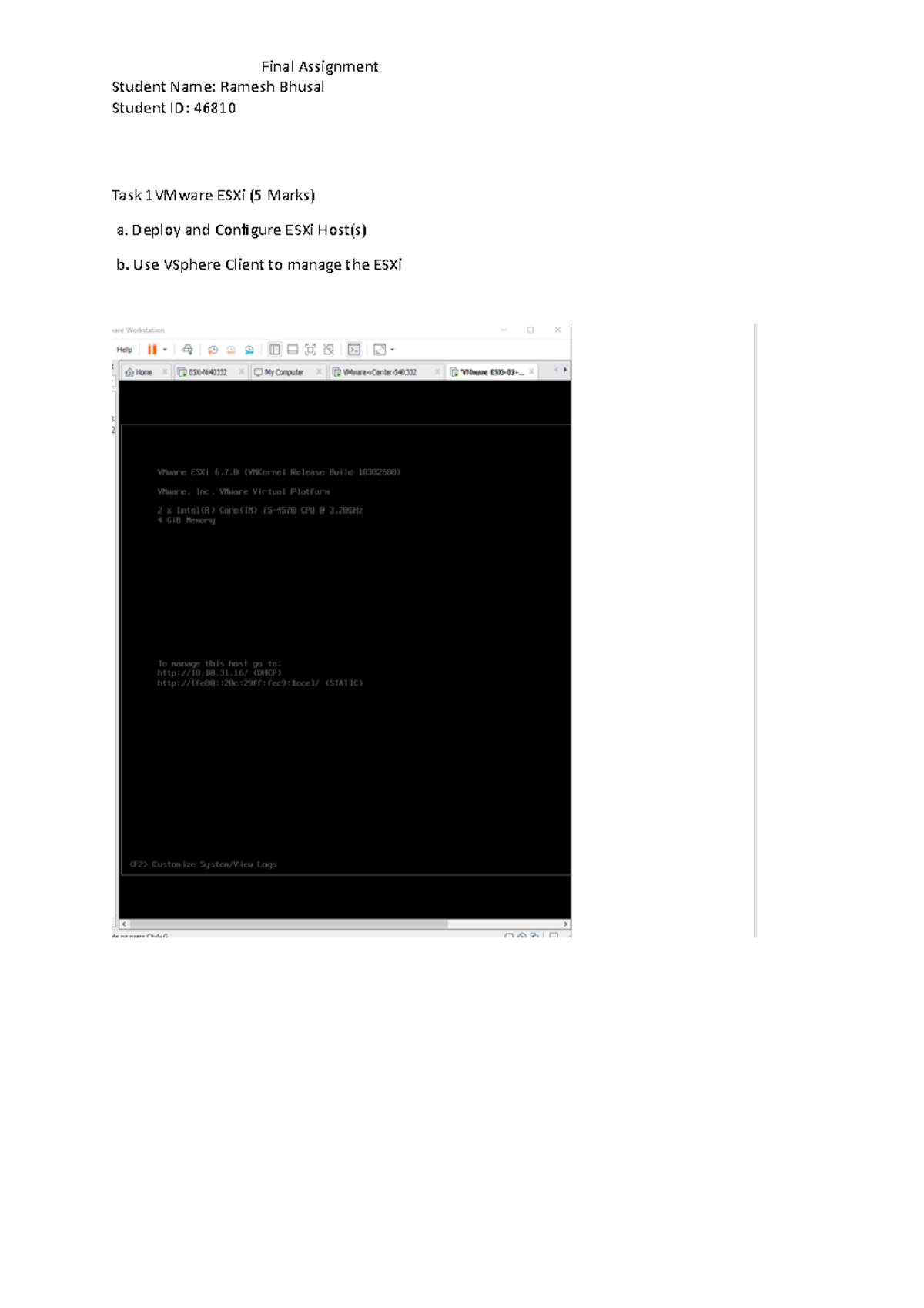 Assignment 3 server virtulization final - Student Name: Ramesh Bhusal Student ID: 46810 Task ...