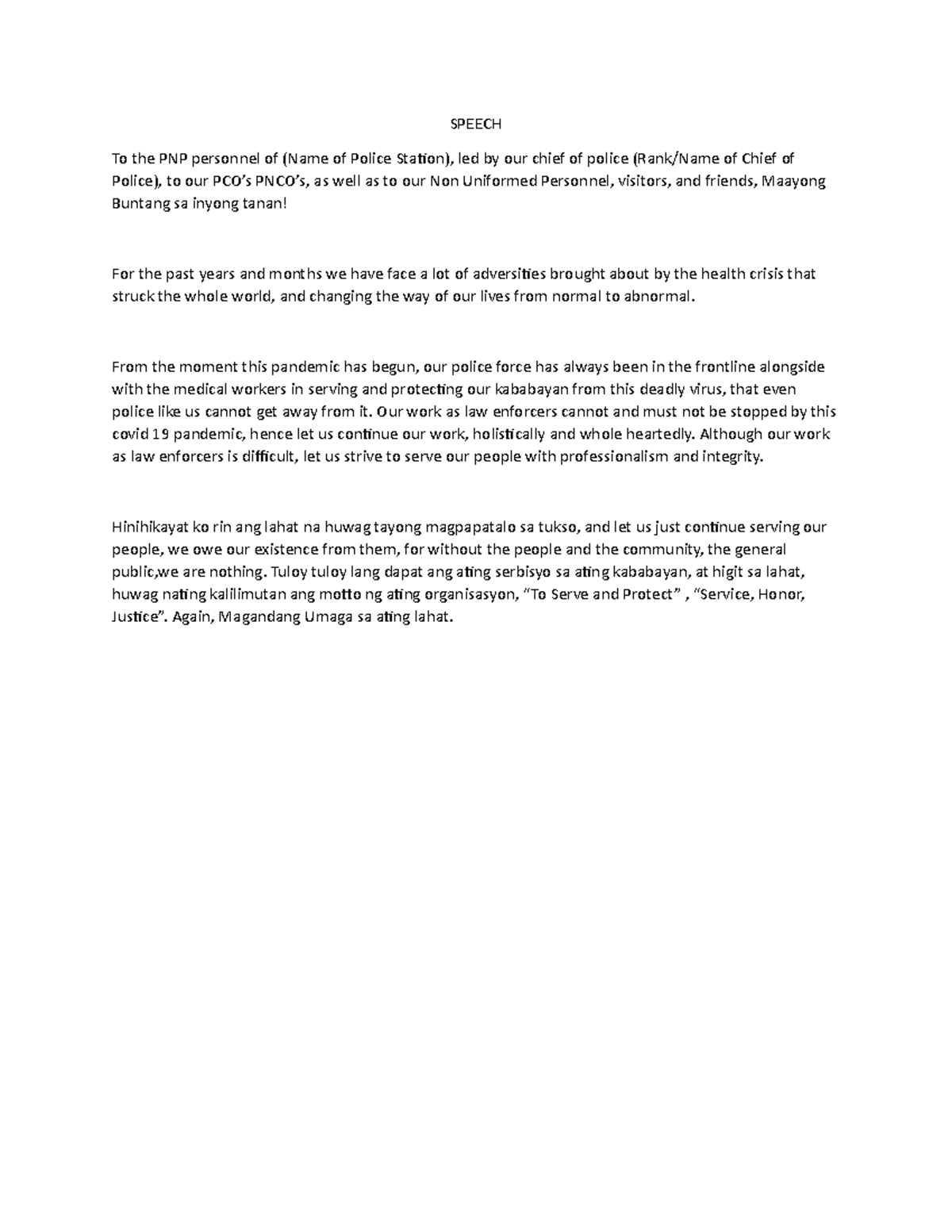 WELCOME ADDRESS IN A GATHERING - SPEECH To the PNP personnel of (Name ...