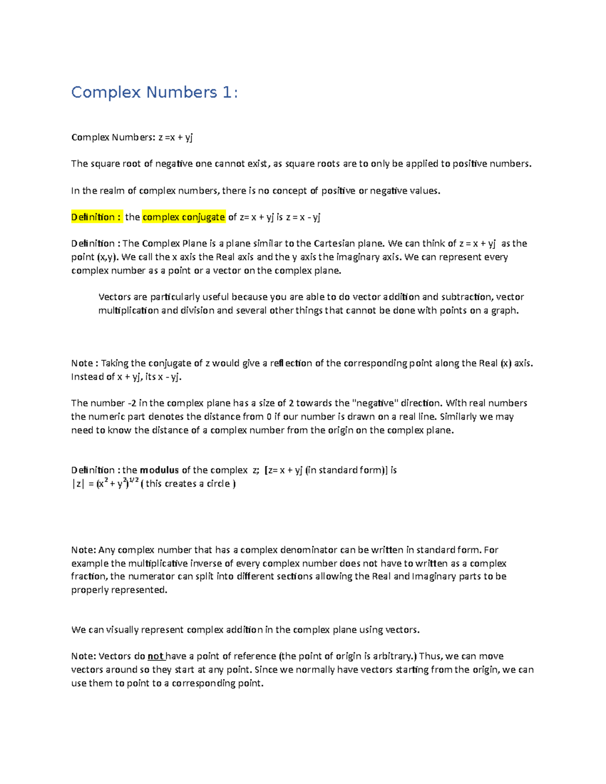 Math 115 notes - Summary Linear Algebra for Engineering - Complex ...