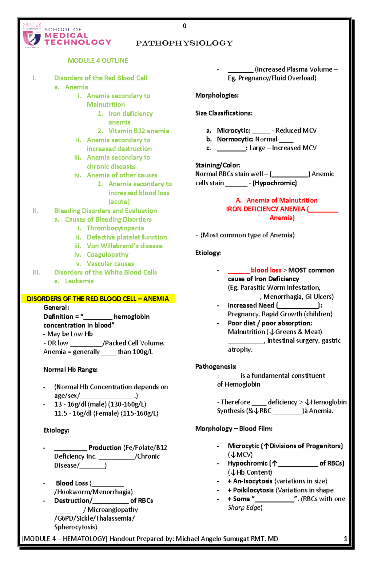 Module 4 Hematology - Fill in the Blanks - Pathophysiology MODULE 4 OUTLINE I. Disorders of the ...