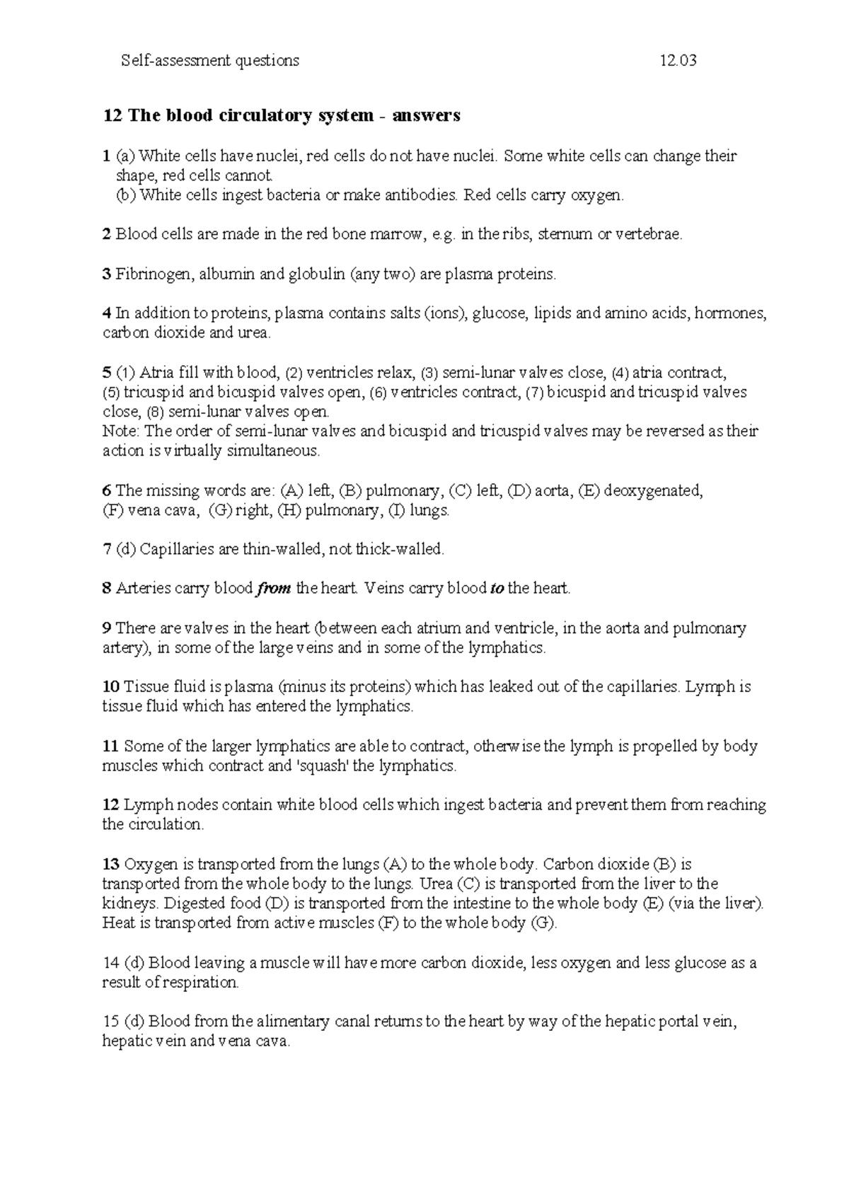 FORM-2 blood-circulation-answers - 12 The blood circulatory system ...