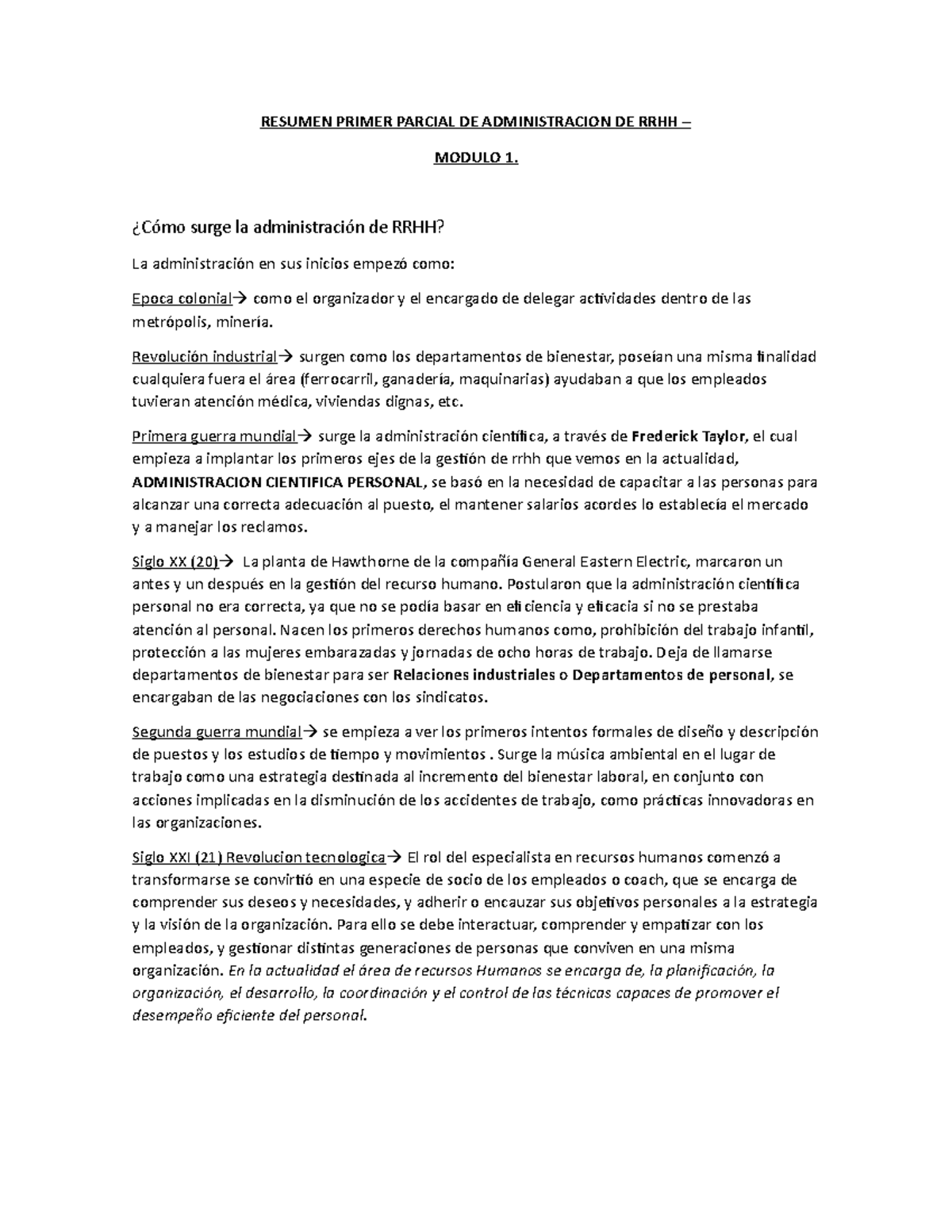 ADM RRHH Resumen Modulo 1 - RESUMEN PRIMER PARCIAL DE ADMINISTRACION DE RRHH – MODULO 1. ¿Cómo ...