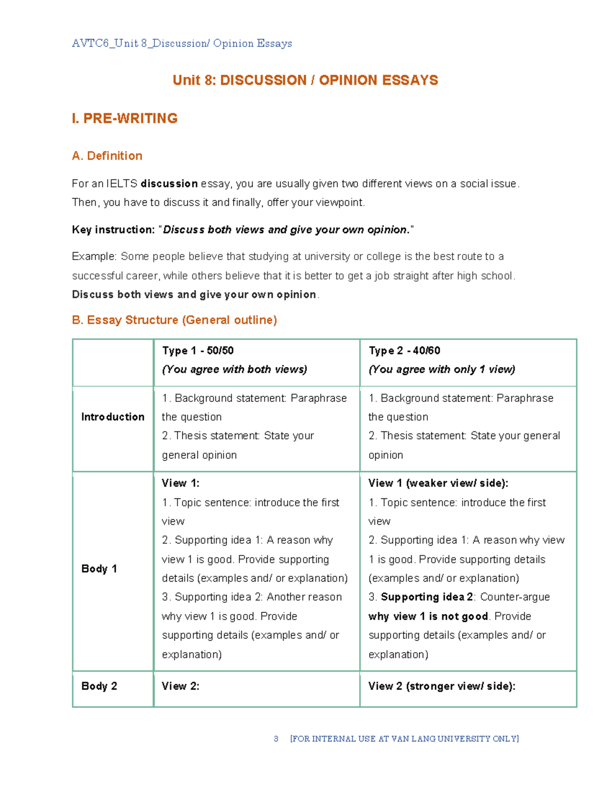 AVTC6 Unit 8 Before class - Unit 8: DISCUSSION / OPINION ESSAYS I. PRE ...