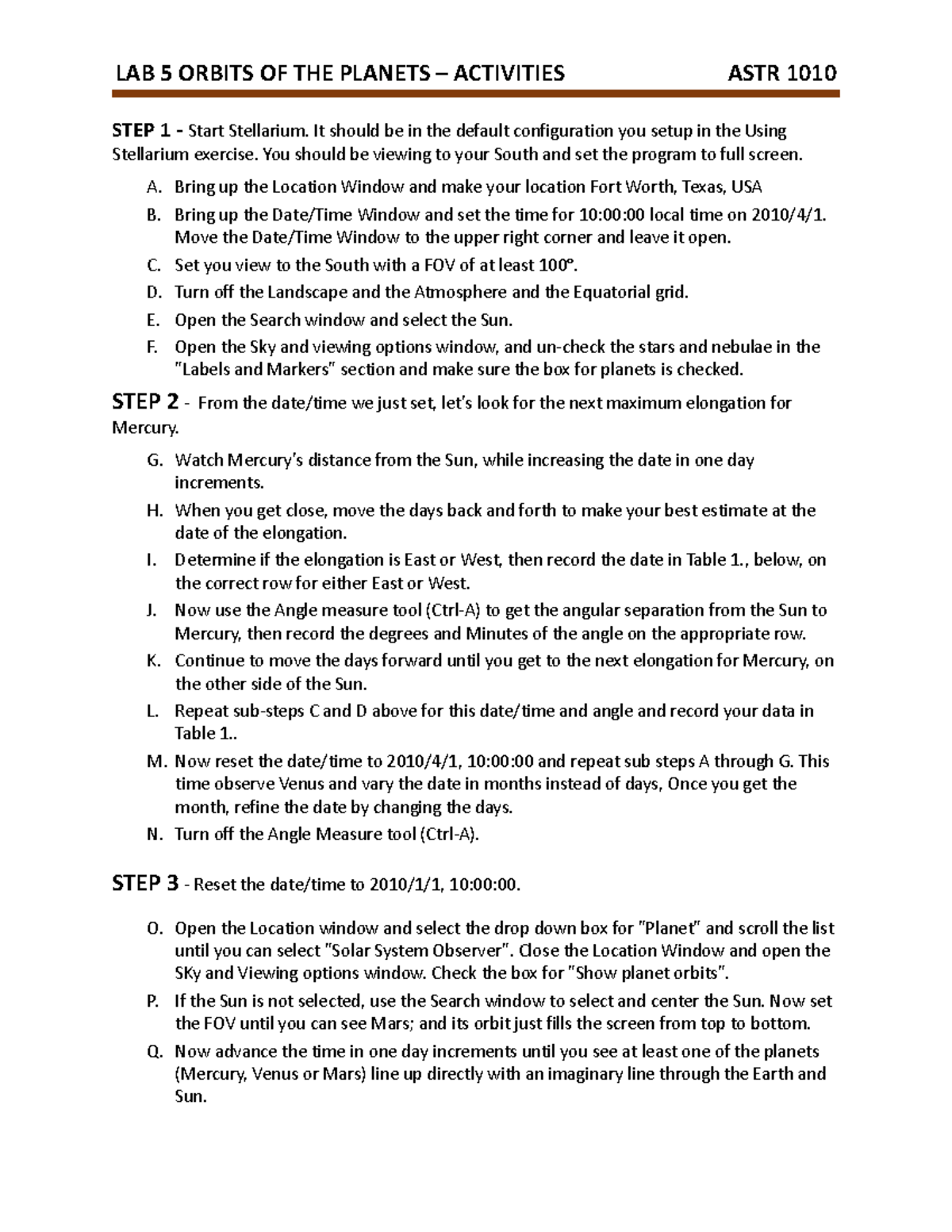 ASTR 1010 LAB 5 Orbits of the Planets - Activity - LAB 5 ORBITS OF THE ...