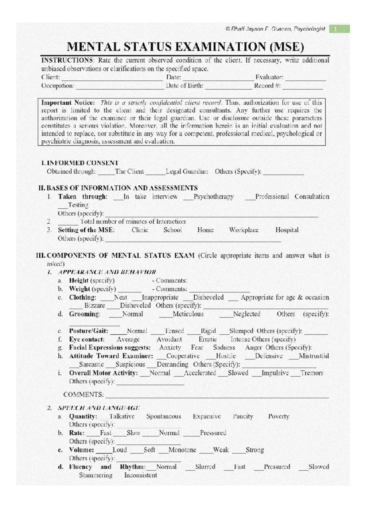 MSE Guide - Rhalf Jayson F. Guanco, Psychologist 1 MENTAL STATUS ...