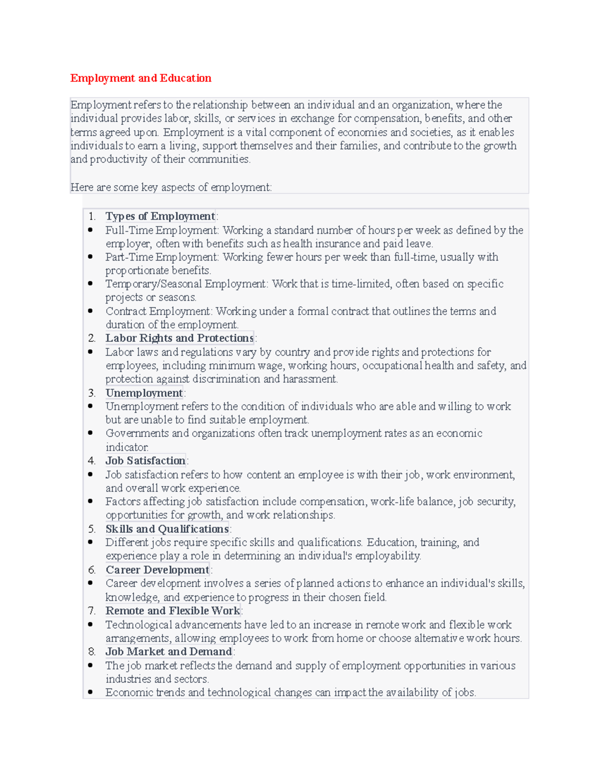 Notes ON Employment ICT AND Education AND International CO- Operation ...