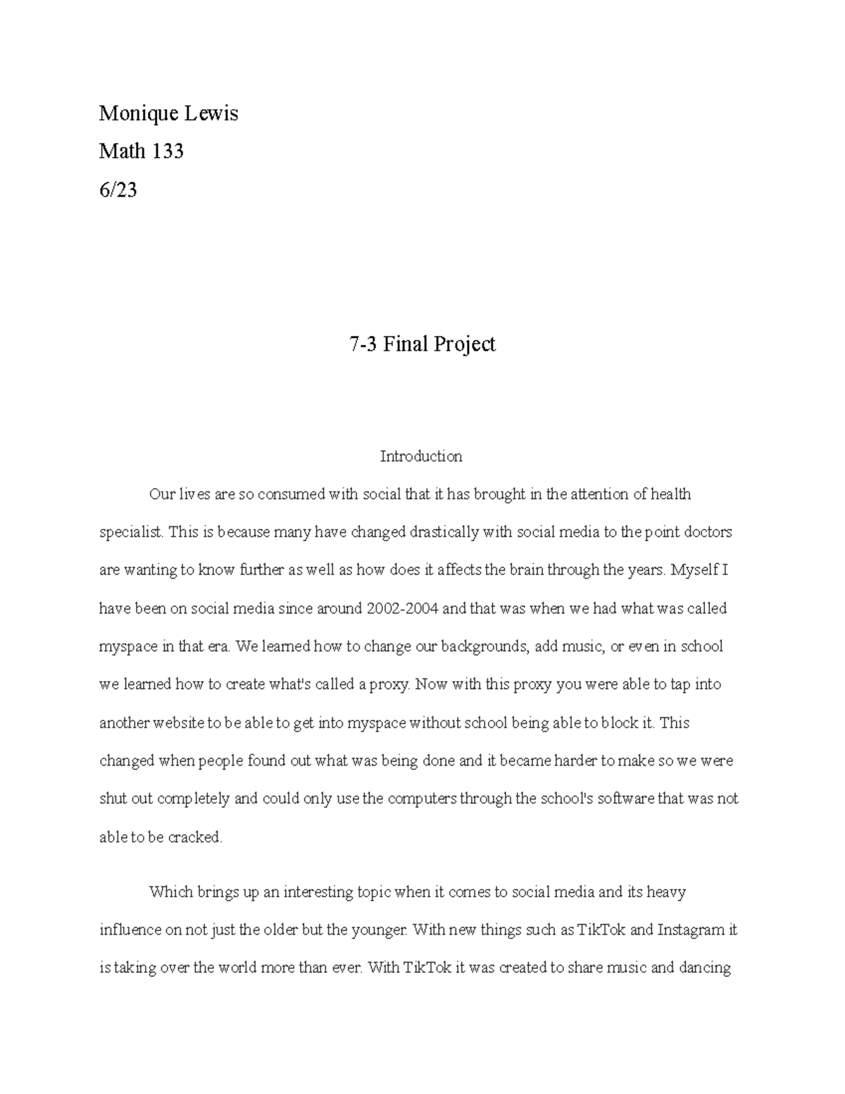 7-3 Final Project - Week 7 Assignment - Monique Lewis Math 133 6/ 7-3 ...