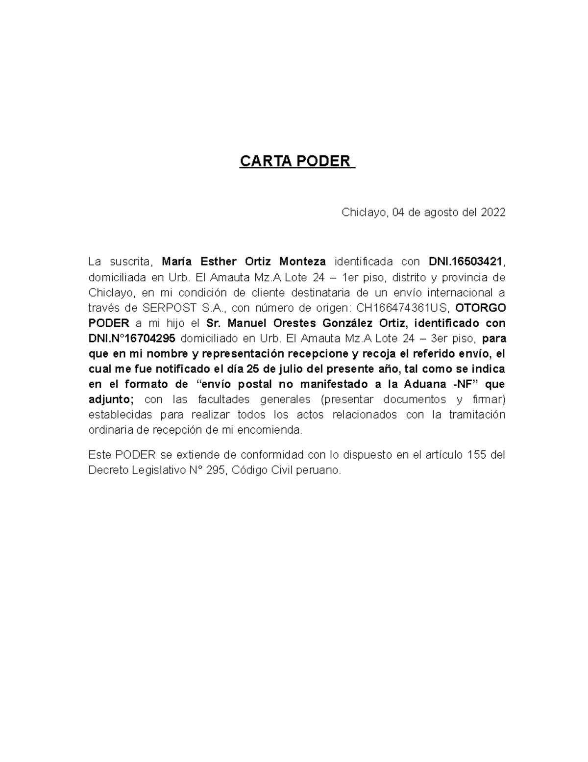 Carta Poder María Esther Ortiz - CARTA PODER Chiclayo, 04 de agosto del ...