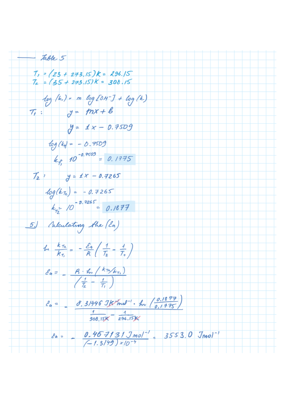 Lab report table 5 - CHEM 120 - Table 5 T, = (23 + 273) K=296 = T2 ...