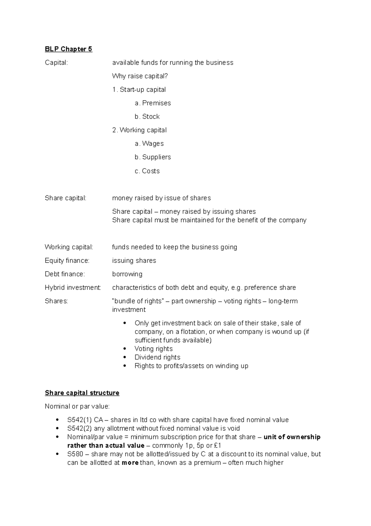 BLP Chapter 5 notes - BLP Chapter 5 Capital: available funds for ...