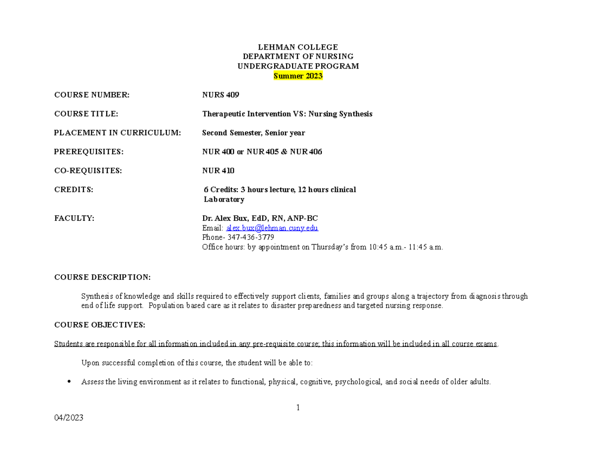 Final Syllabus NUR 409 Summer 2023 - LEHMAN COLLEGE DEPARTMENT OF ...