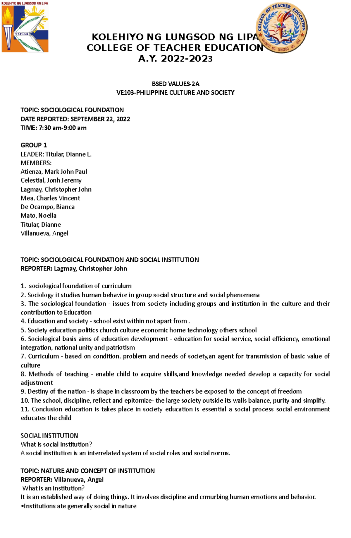 Group 1 Sociological Foundation - COLLEGE OF TEACHER EDUCATION A. 202 2 -202 3 BSED VALUES-2A ...