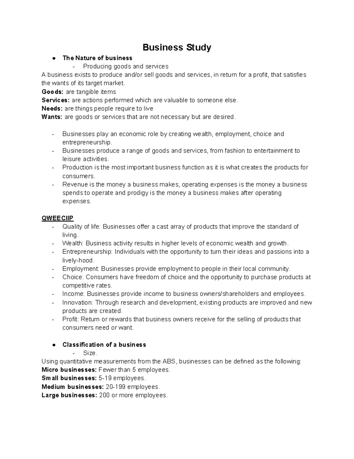 Year 11 Prelim Business Assesment Task 1 - Business Study The Nature of ...