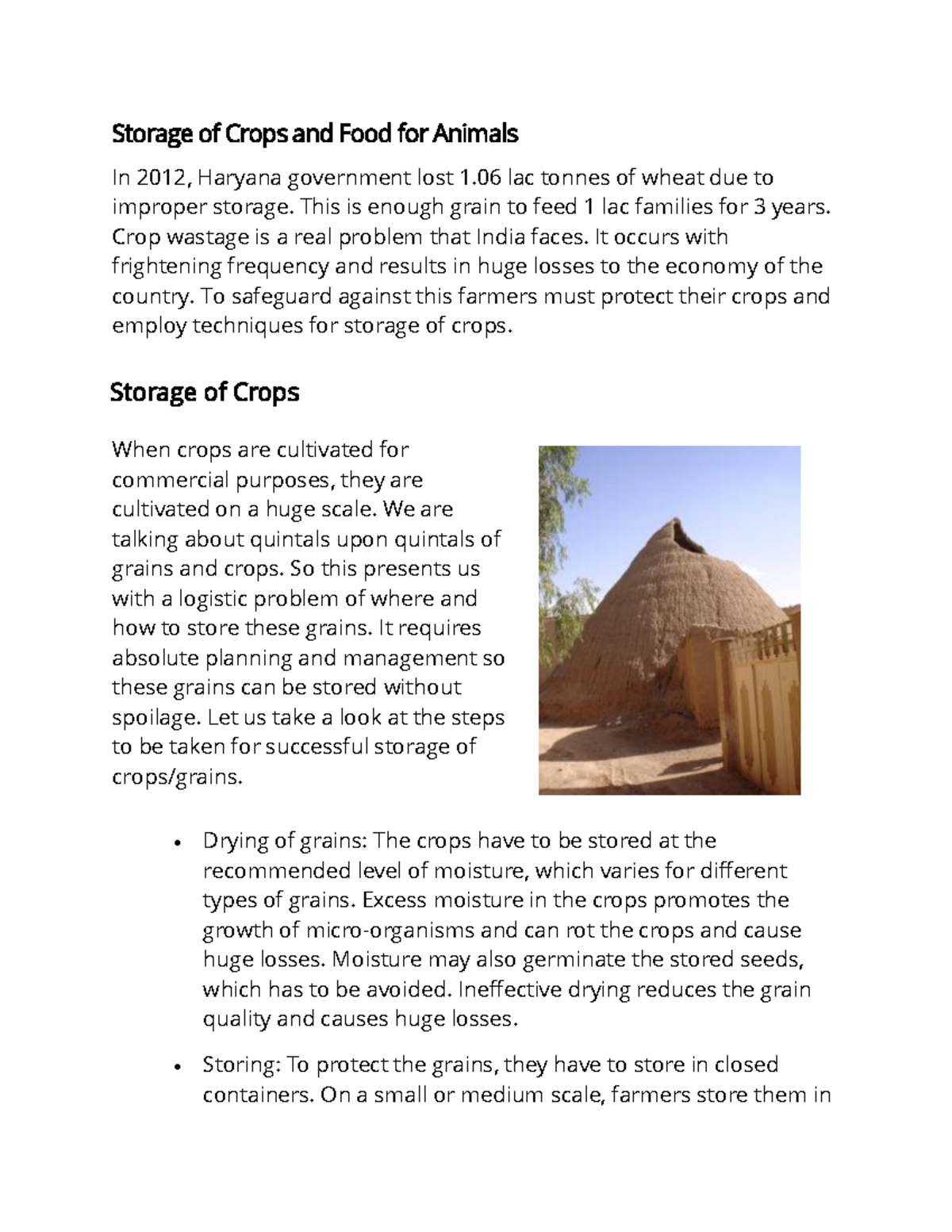 Storage of Crops and Food for Animals - This is enough grain to feed 1 ...