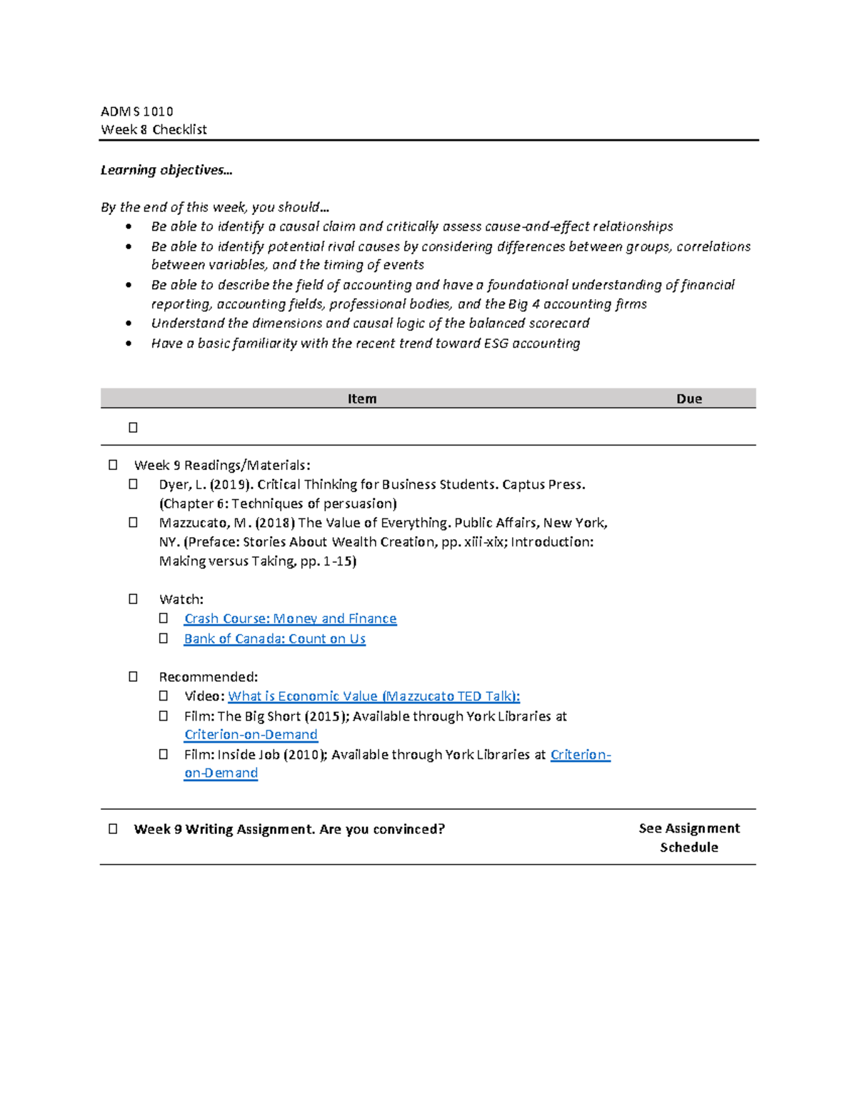 Wk8-9. Checklist - ADMS 1010 Week 8 Checklist Learning objectives... By the end of this week ...