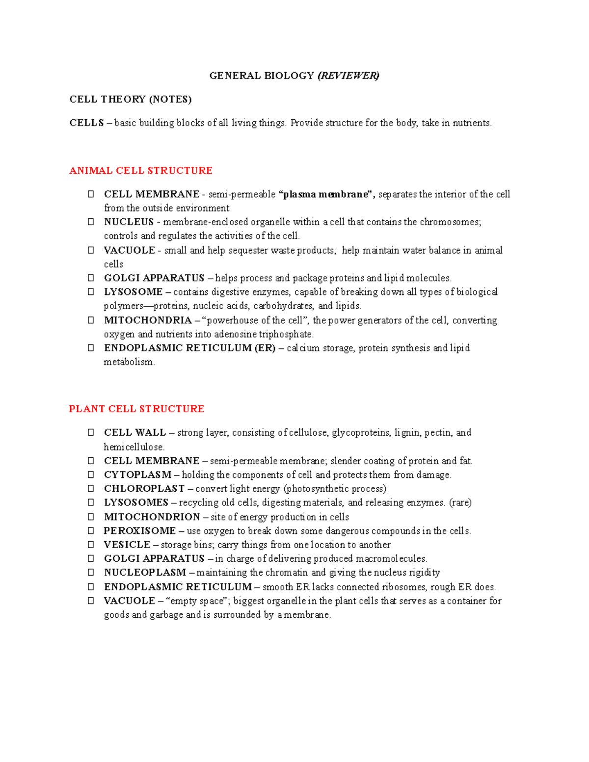 General Biology - GENERAL BIOLOGY (REVIEWER) CELL THEORY (NOTES) CELLS ...