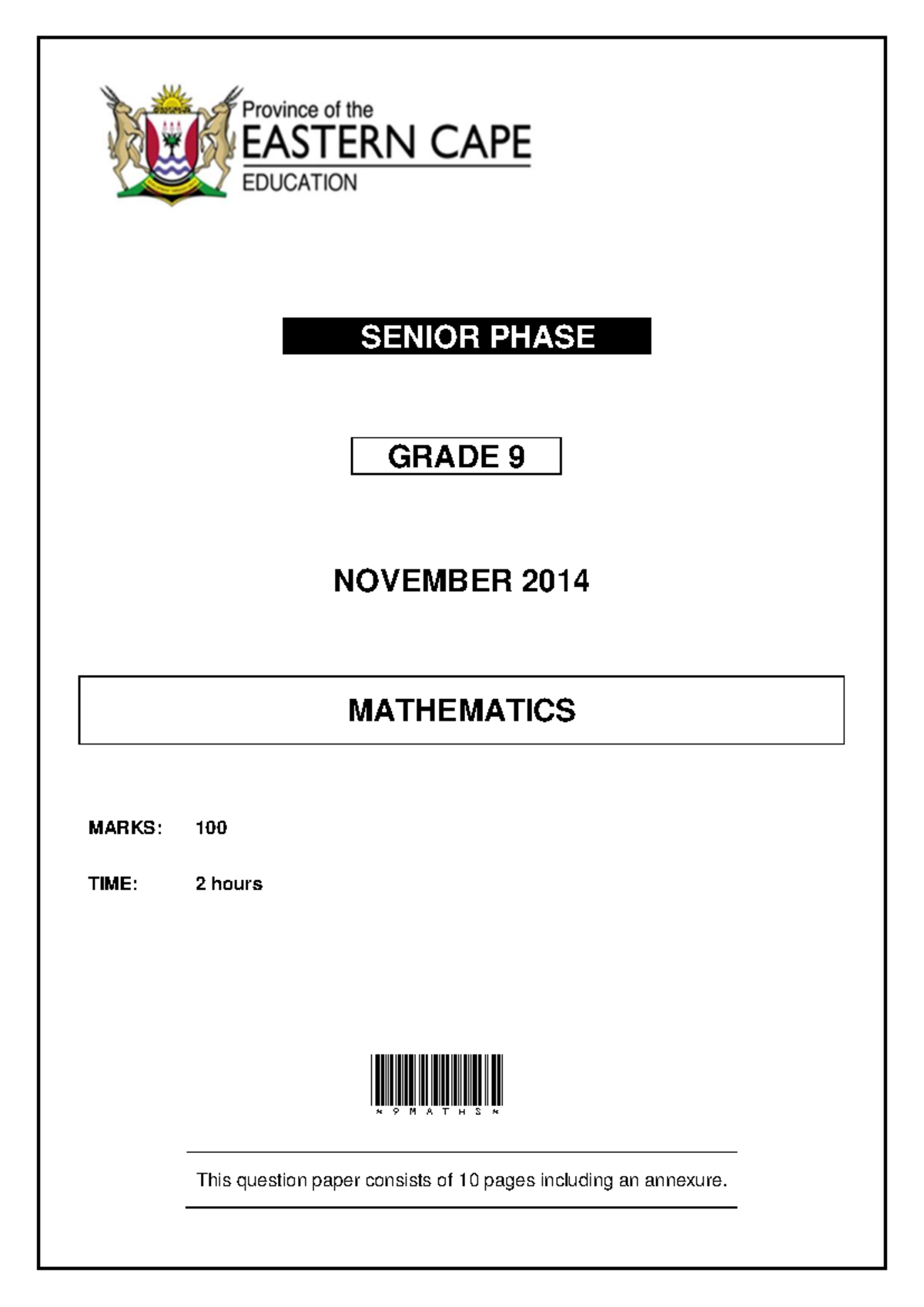 Maths GR9 NOV2014 ENG QP - SENIOR PHASE GRADE 9 NOVEMBER 2014 ...