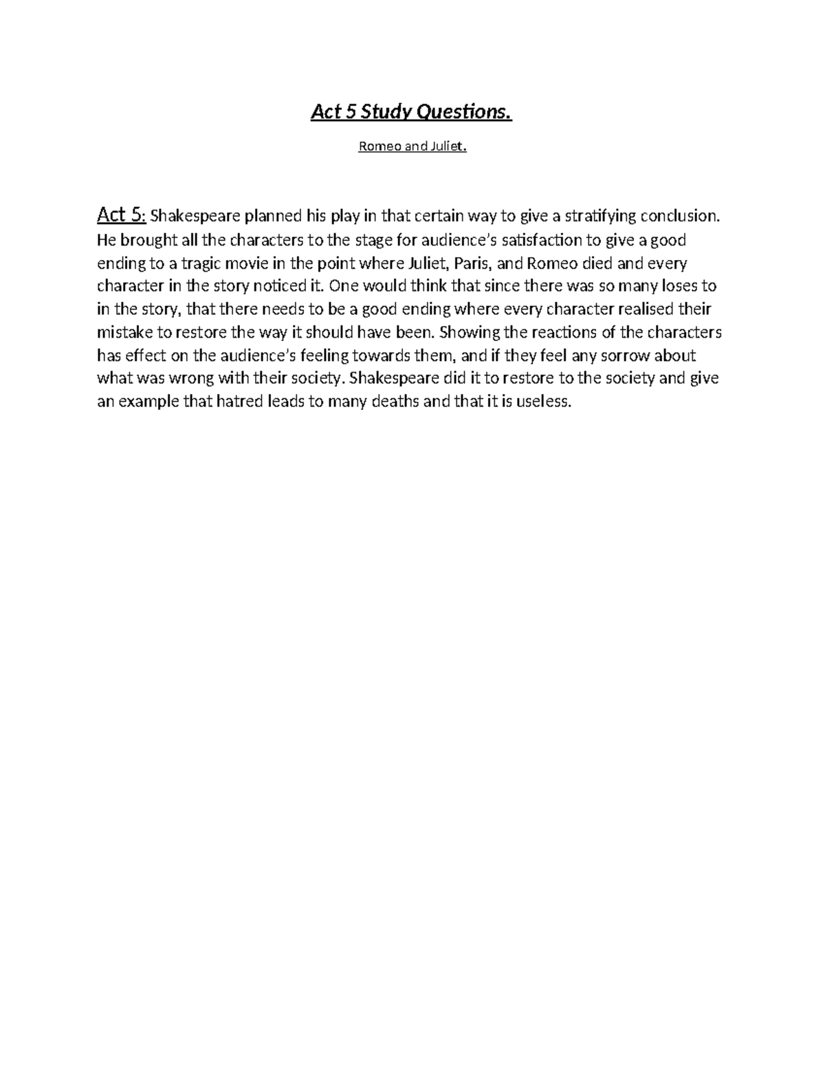 5 Study Questions - dsada - Act 5 Study Questions. Romeo and Juliet ...