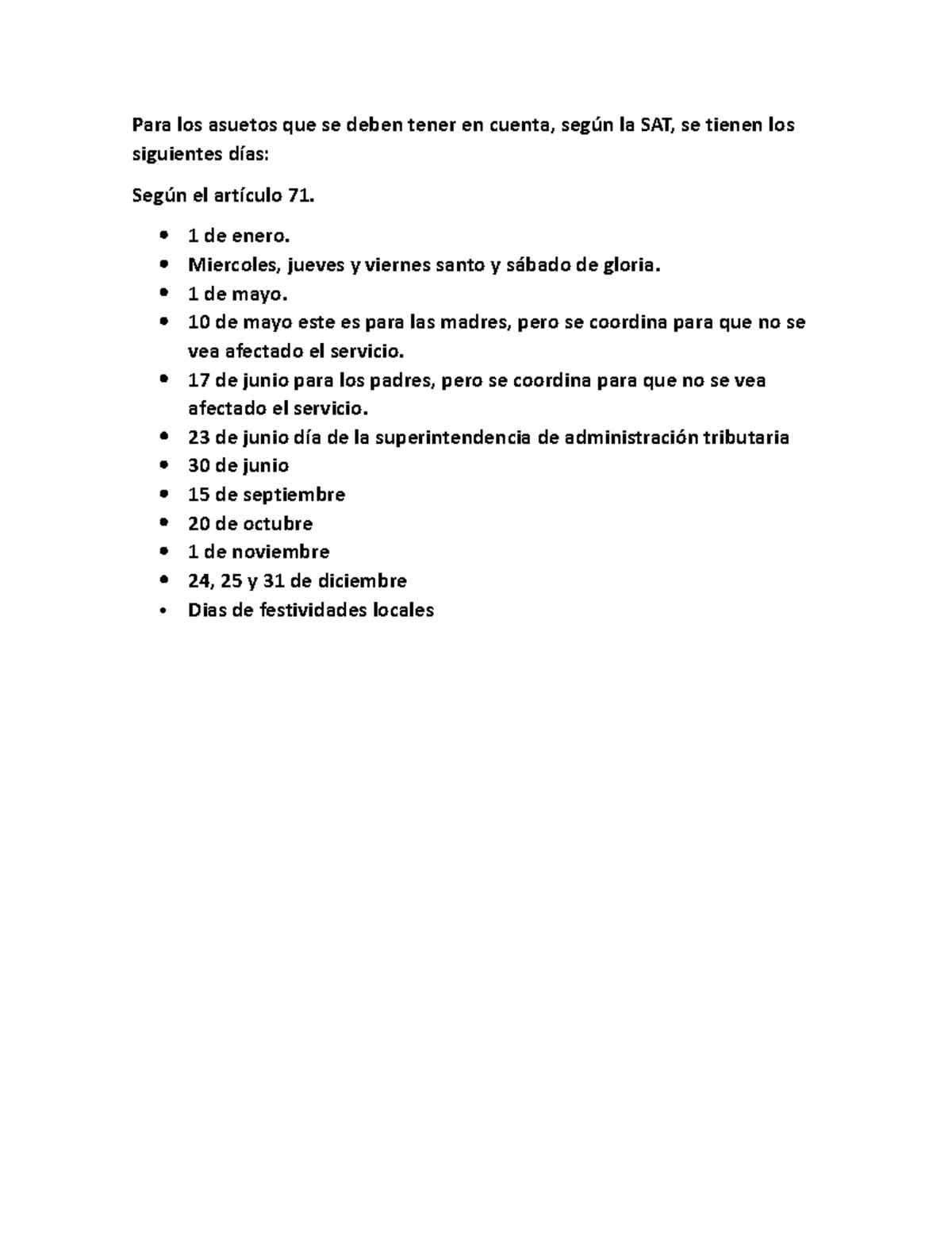 Tarea Asuetos SAT - Para los asuetos que se deben tener en cuenta ...