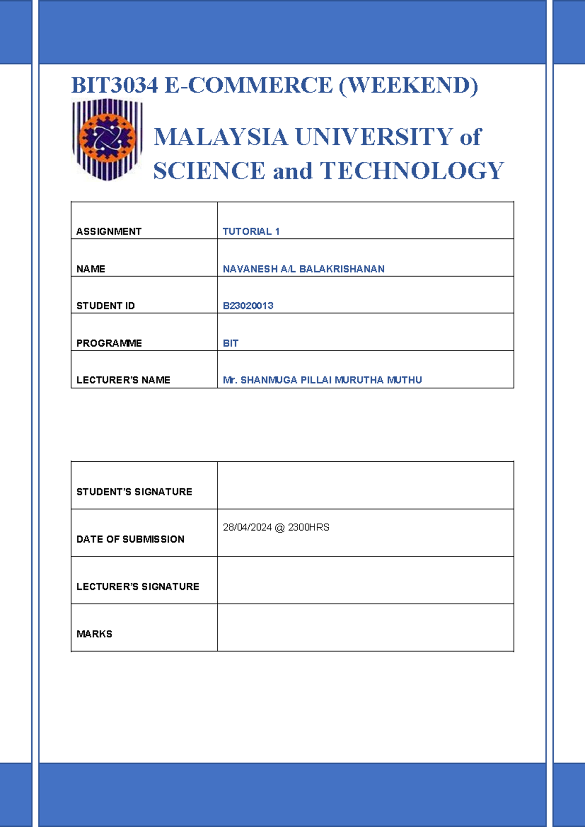 E-Commerce Tuto 1 - tutorial work with answer - BIT3034 E-COMMERCE ...