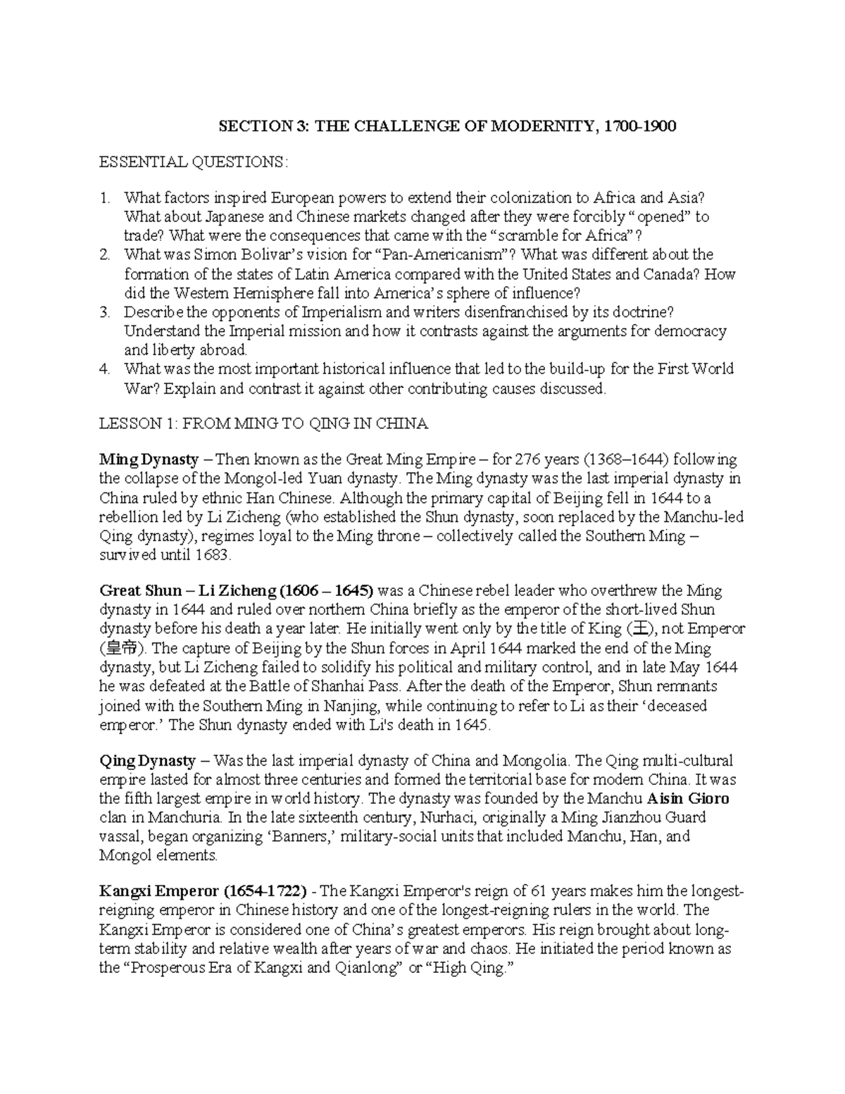 Section 3 - The Challenge of Modernity - SECTION 3: THE CHALLENGE OF ...