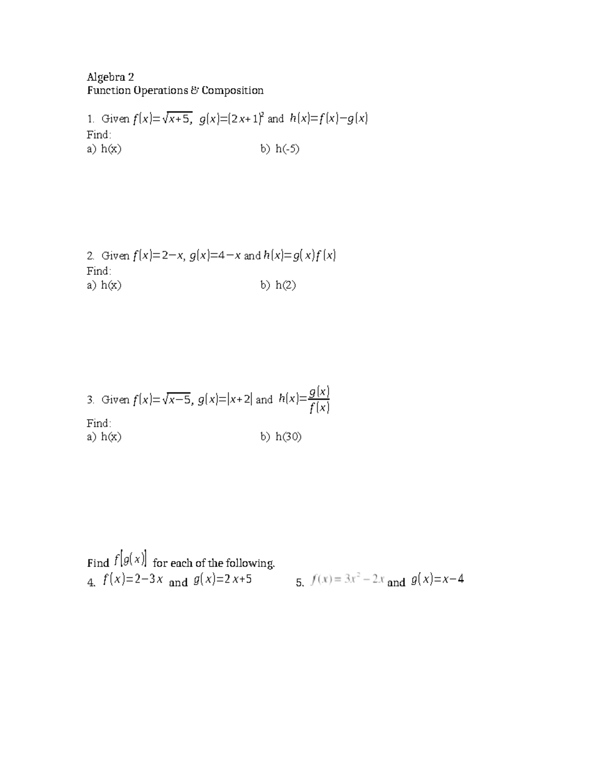 6 Function Operations And Composition Hw Algebra 2 Function Operations