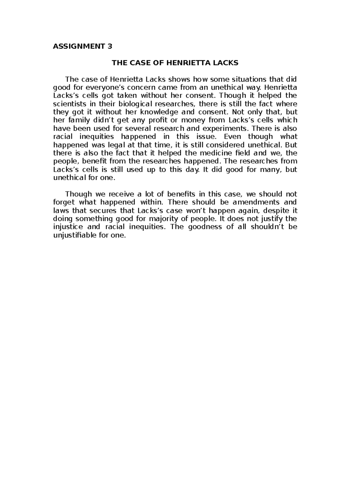Assignment 3 - hehe - ASSIGNMENT 3 THE CASE OF HENRIETTA LACKS The case ...