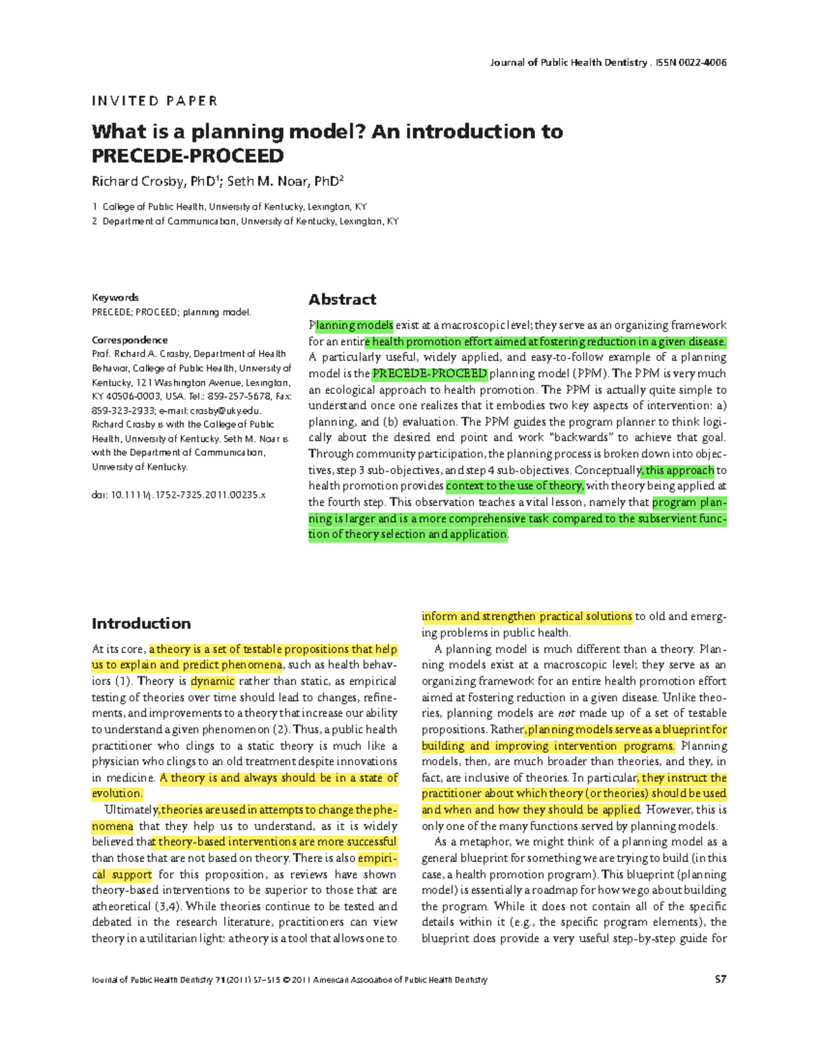 J Public Health Dent 2011 Crosby What Is A Planning Model An 