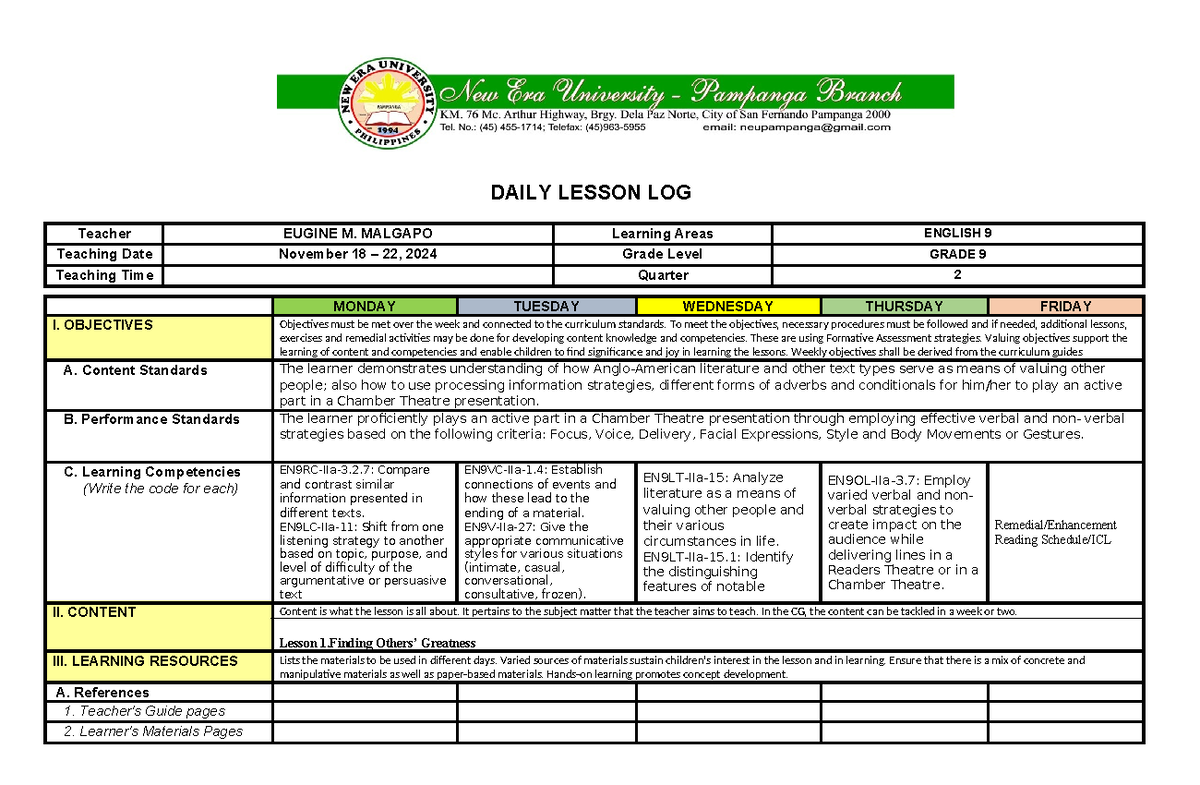 DLL Template - DAILY LESSON LOG Teacher EUGINE M. MALGAPO Learning ...