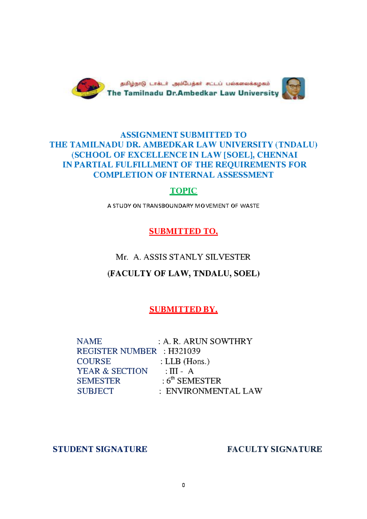 Arun EVS - environmental law - ASSIGNMENT SUBMITTED TO THE TAMILNADU DR ...