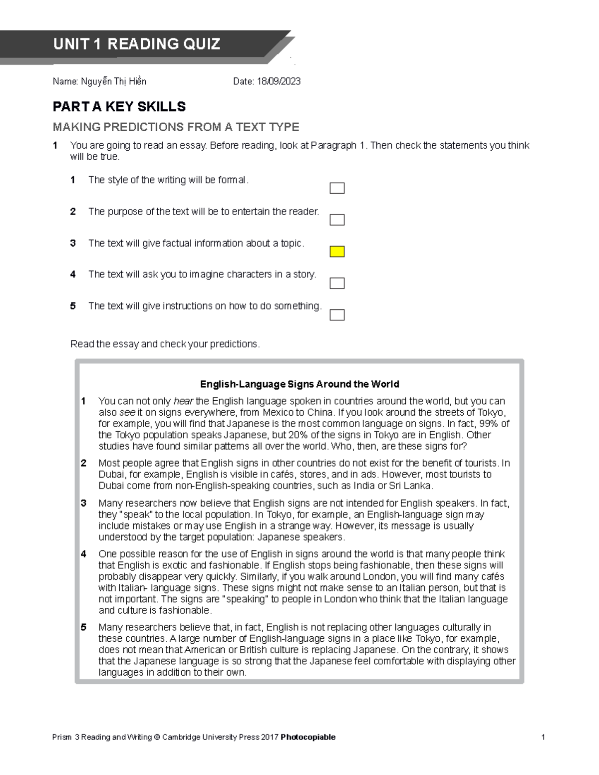 Homework Unit 1 - cũng dễ - UNIT 1 READING QUIZ Name: Nguyễn Thị Hiền ...