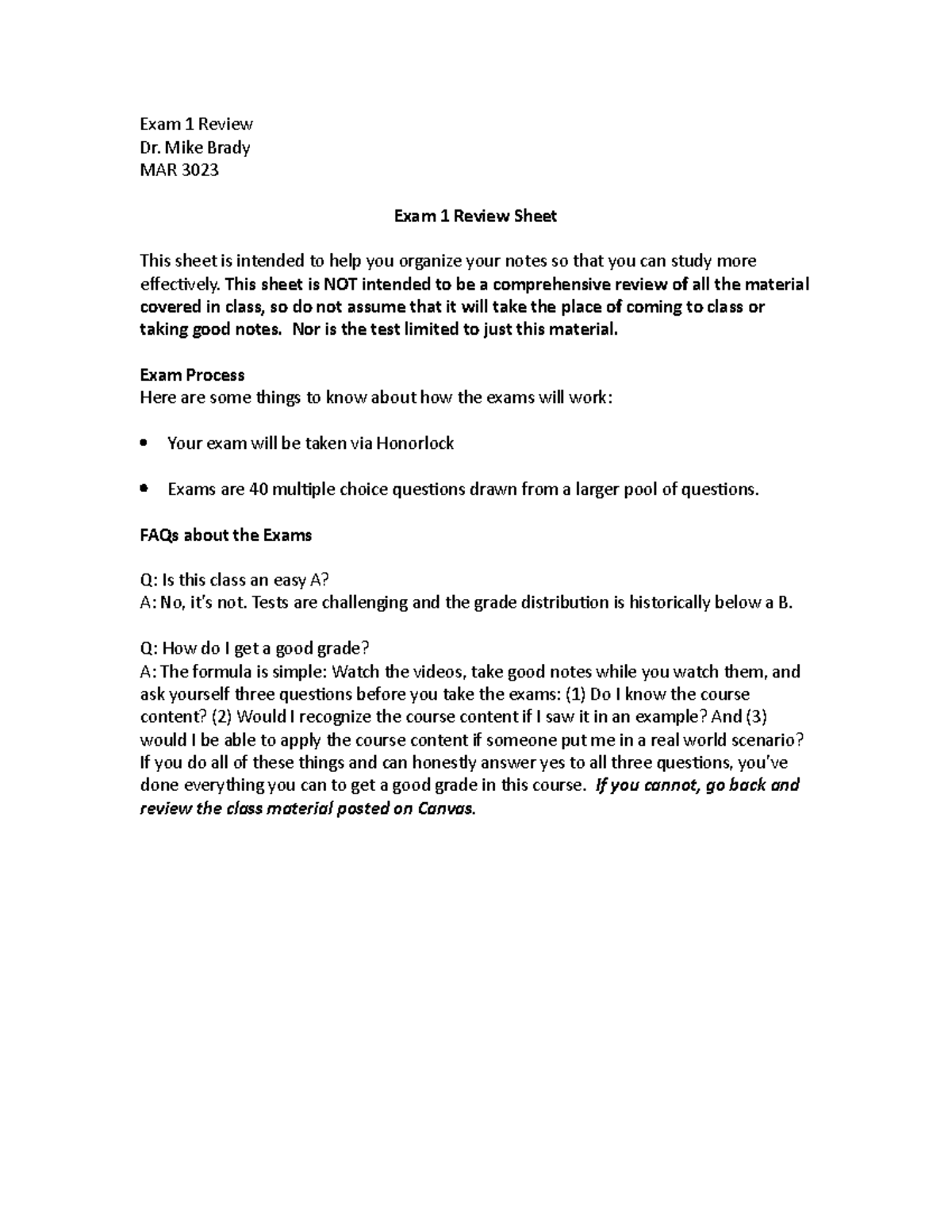 Exam 1 Review MAR - notes - Exam 1 Review Dr. Mike Brady MAR 3023 Exam ...