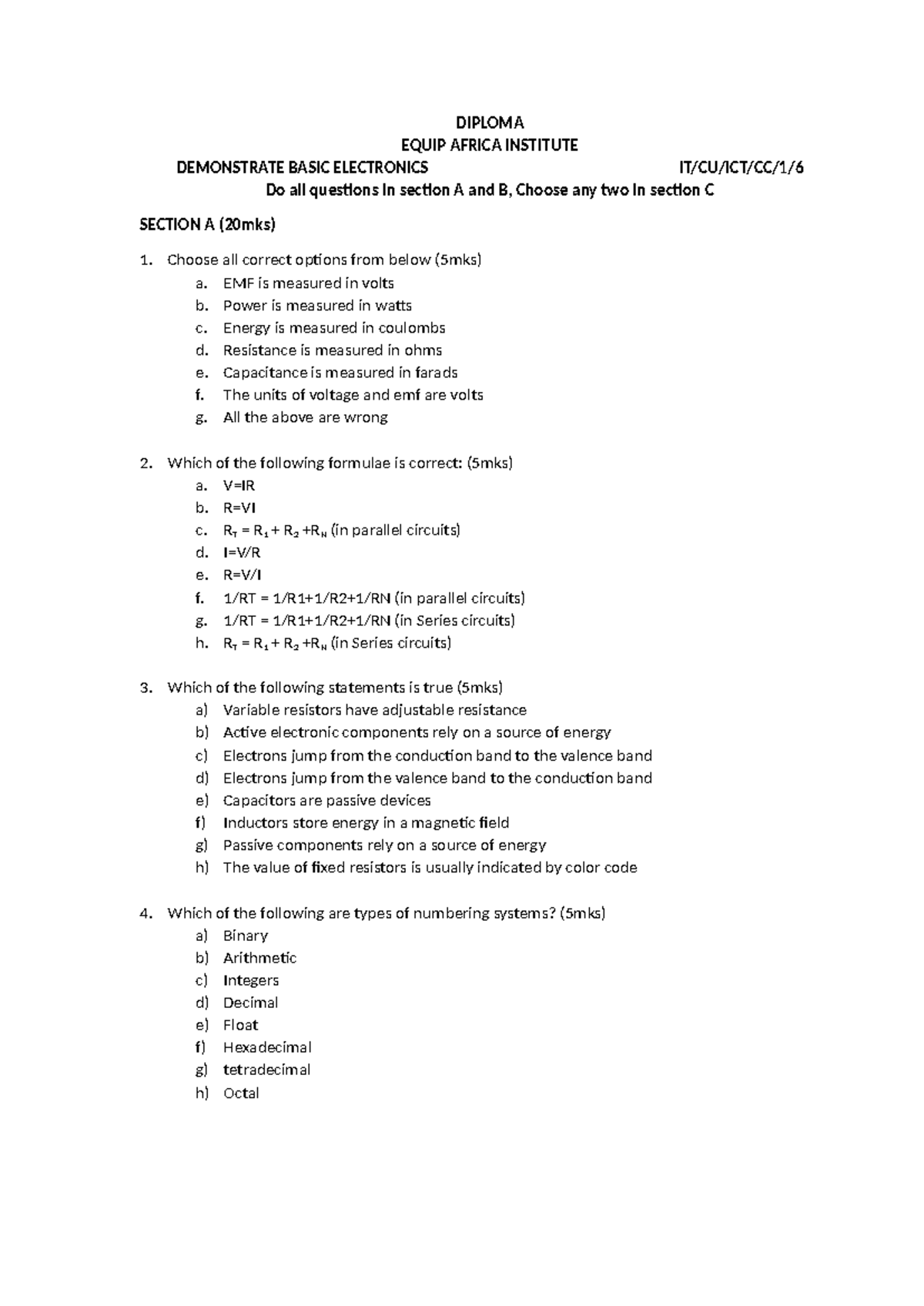 Electronics Exam Cert - Summary Diploma in it - DIPLOMA EQUIP AFRICA ...