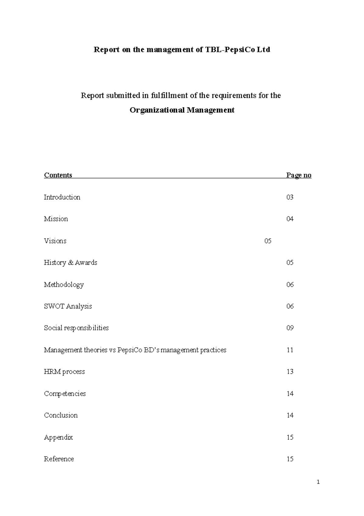 Pepsico group project - Report on the management of TBL-PepsiCo Ltd ...