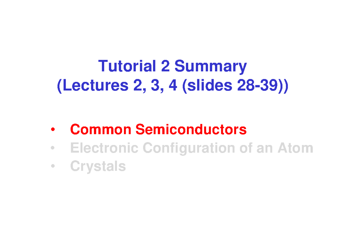 EE2003 T2 Summary - Lecture notes 2 - Tutorial 2 Summary (Lectures 2, 3 ...