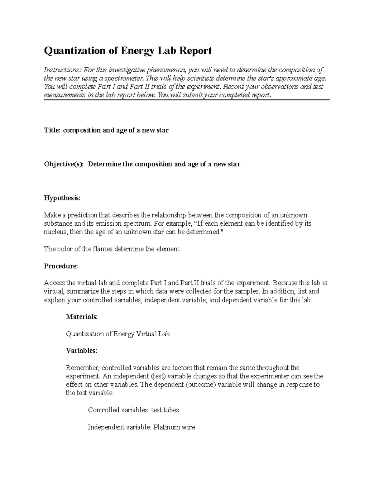 Quantization energy lab report - Quantization of Energy Lab Report ...