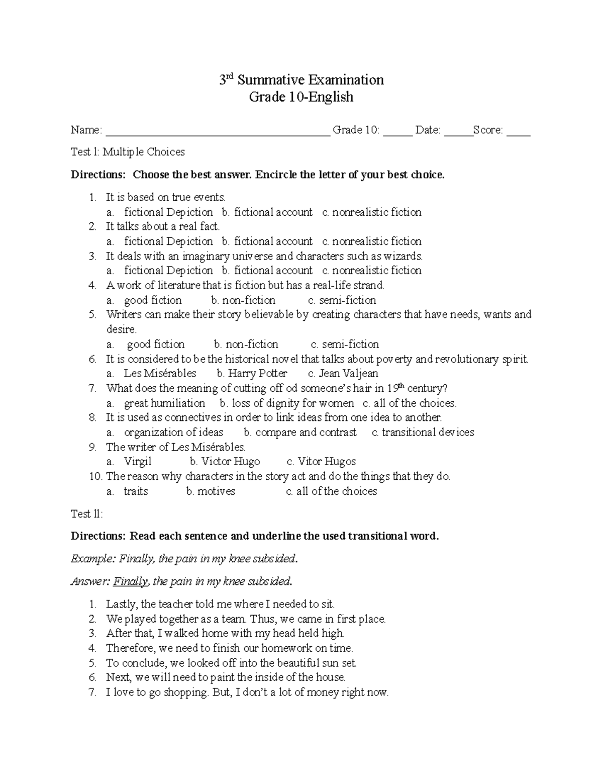 G10-english 4thsumm - Eglish - 3 rd Summative Examination Grade 10 ...