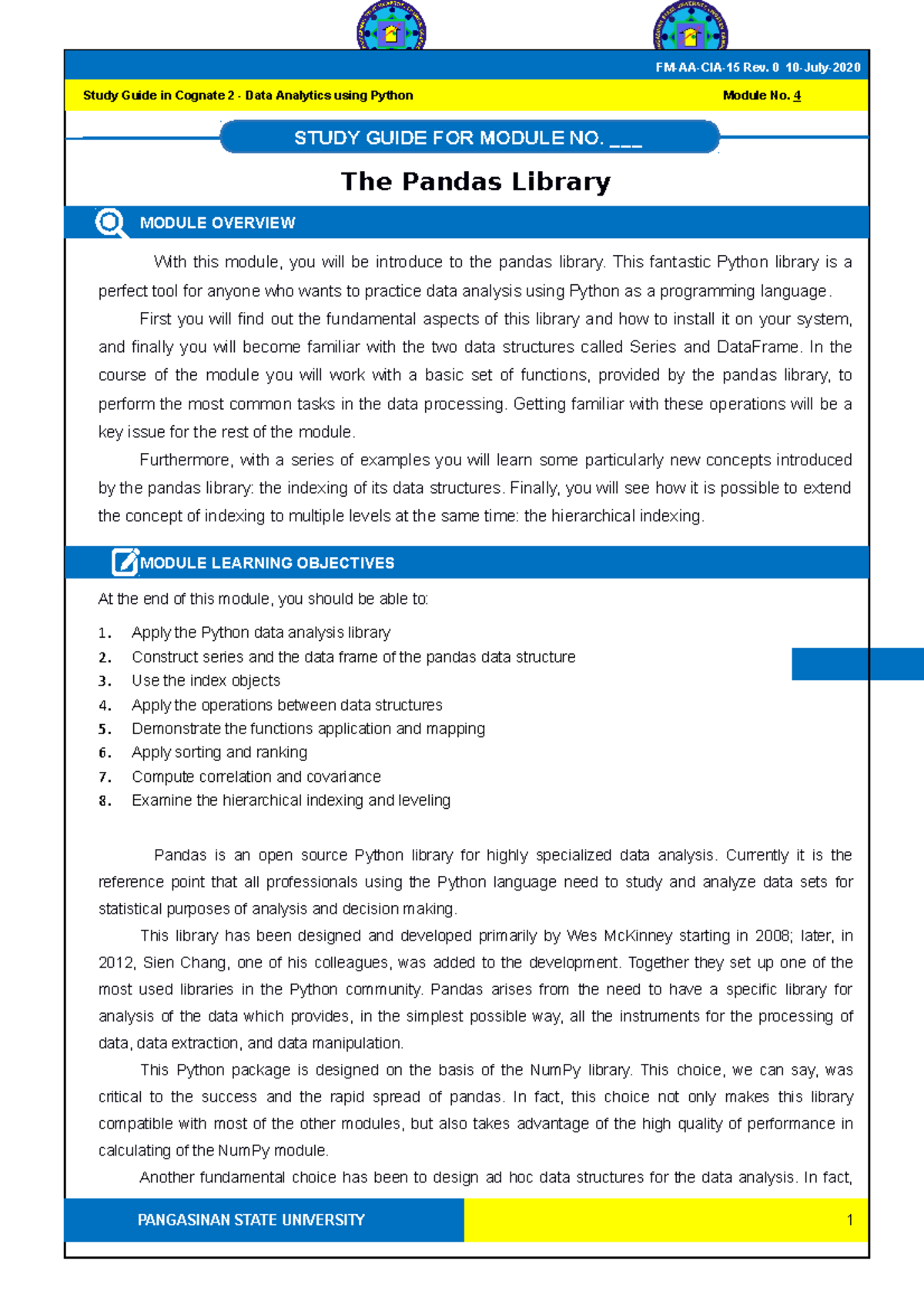 Study guide 4 - coursework - The Pandas Library MODULE OVERVIEW With ...
