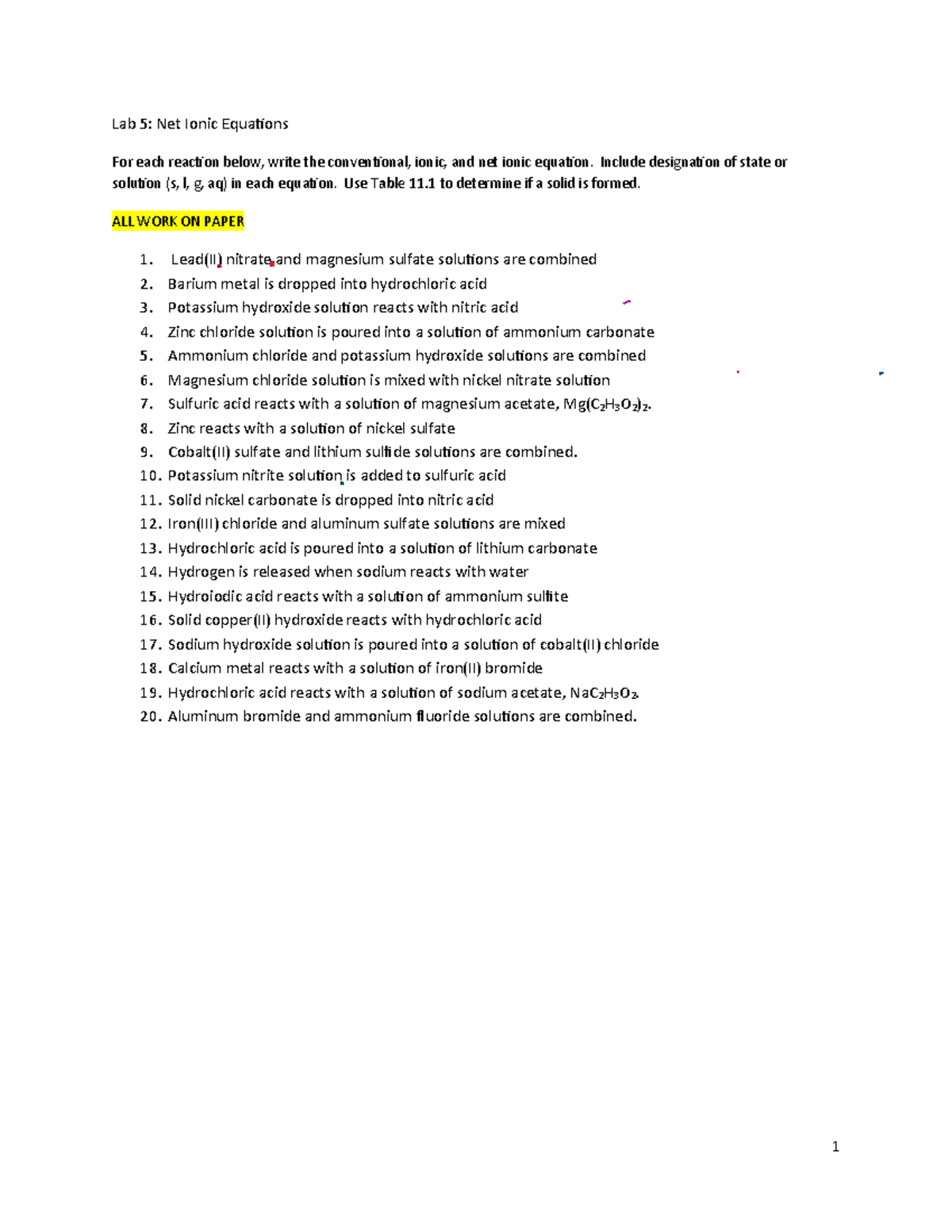 Lab+5+Equations - Lab 5 Equations - Lab 5: Net Ionic Equations For each ...